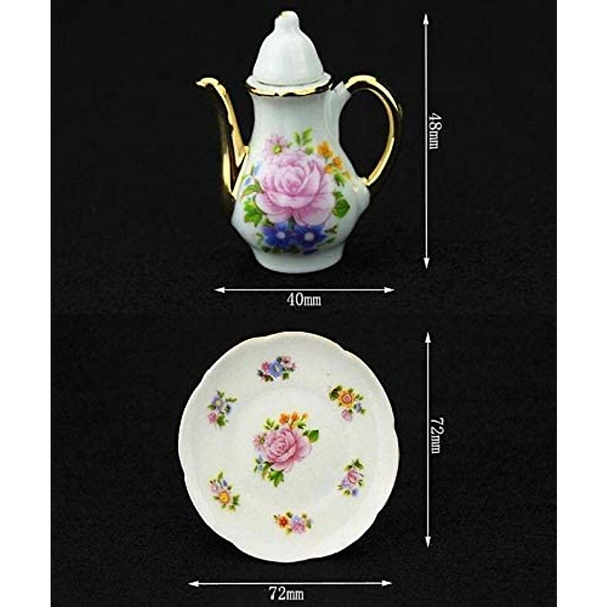 EatingBiting Collection Level 1:12 Elegant Flora Miniature Mini House Porcelain Tea Dish, Teapot, Cup, Plate Craft Set, DIY Scene Home Furniture Accessories