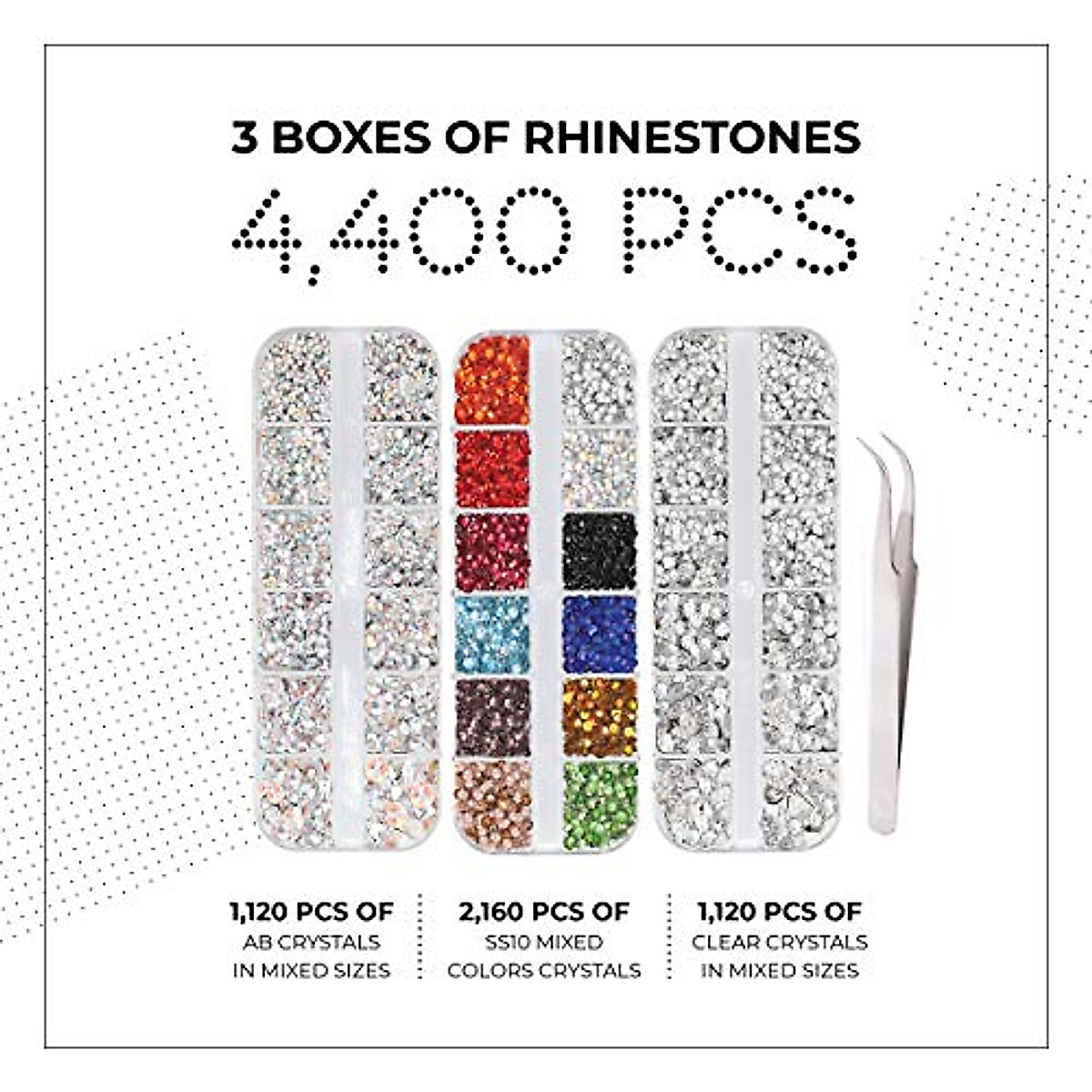 Quick Crystals Pro Hotfix Applicator, Bedazzler Kit with Rhinestones, DIY Wand Setter Tool Kit with 7 Different Tip Sizes, Tweezers, Cleaning Brush, User Manual, and 4400 Rhinestones.