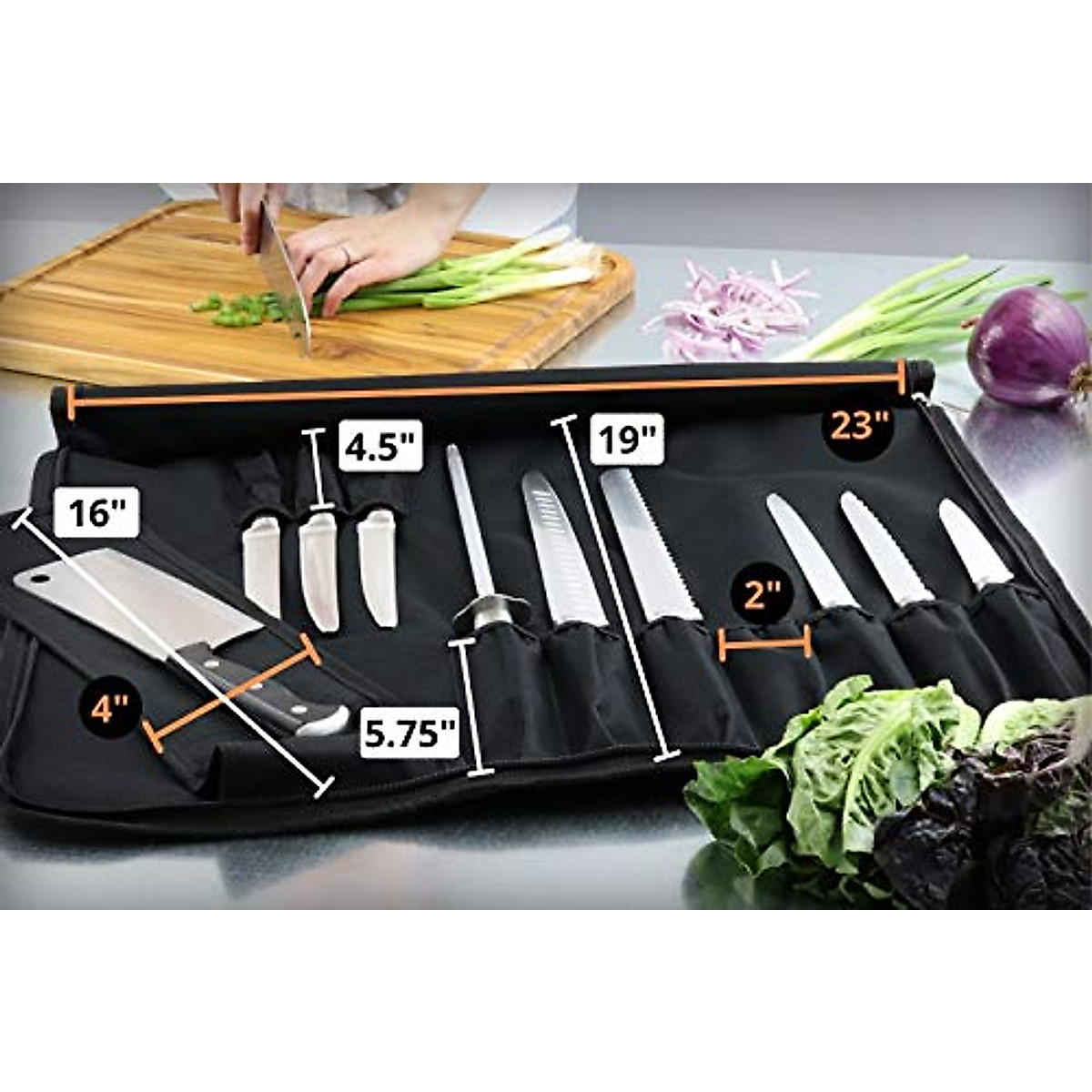Chef’s Knife Roll Bag (14 slots) Holds 10 Knives PLUS Meat Cleaver, Utility Pocket, AND 4 Tasting Spoons! Our Durable Knife Carrier Includes Shoulder Strap and Name Card Holder. (Knives Not Included)