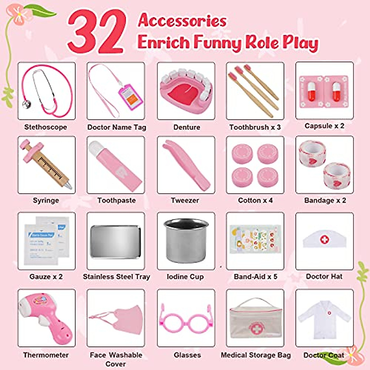 EFOSHM Doctor Kit for Kids, 32 Pieces Toy Medical Kit with Stethoscope, Coat, Doctor Pretend Play Toy Set with Medical Storage Bag for Girls Toddler Ages 3+