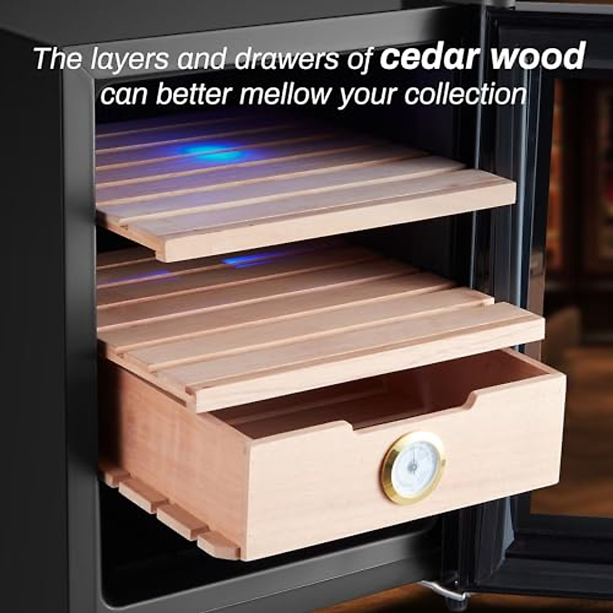 MoGed Mini Cooler 35L with Temperature and Humidity System, Made With Spanish Cedar, Full Glass Door, For Business &Gift