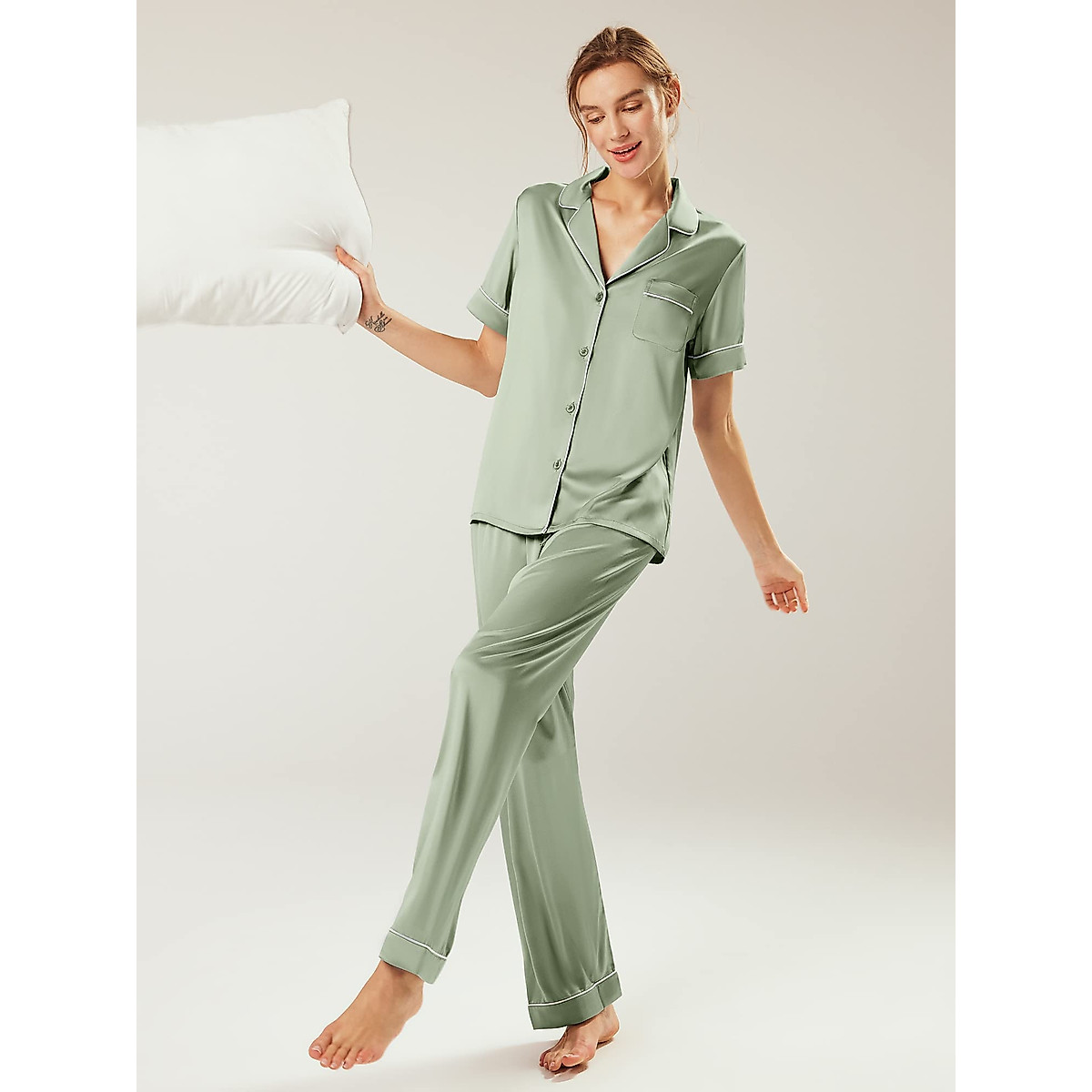 AW BRIDAL Silk Pajamas for Women Satin Pajama Set Button Up Bride Bridesmaid Pajamas Sleepwear Loungewear, Sage Green L
