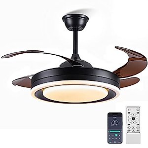 Asyko Retractable Ceiling Fans with Lights and Remote Control - Modern Bladeless Ceiling Fans Enclosed Ceiling Fan with LED Lighting for Bedroom/Living Room/Study (Black 42")