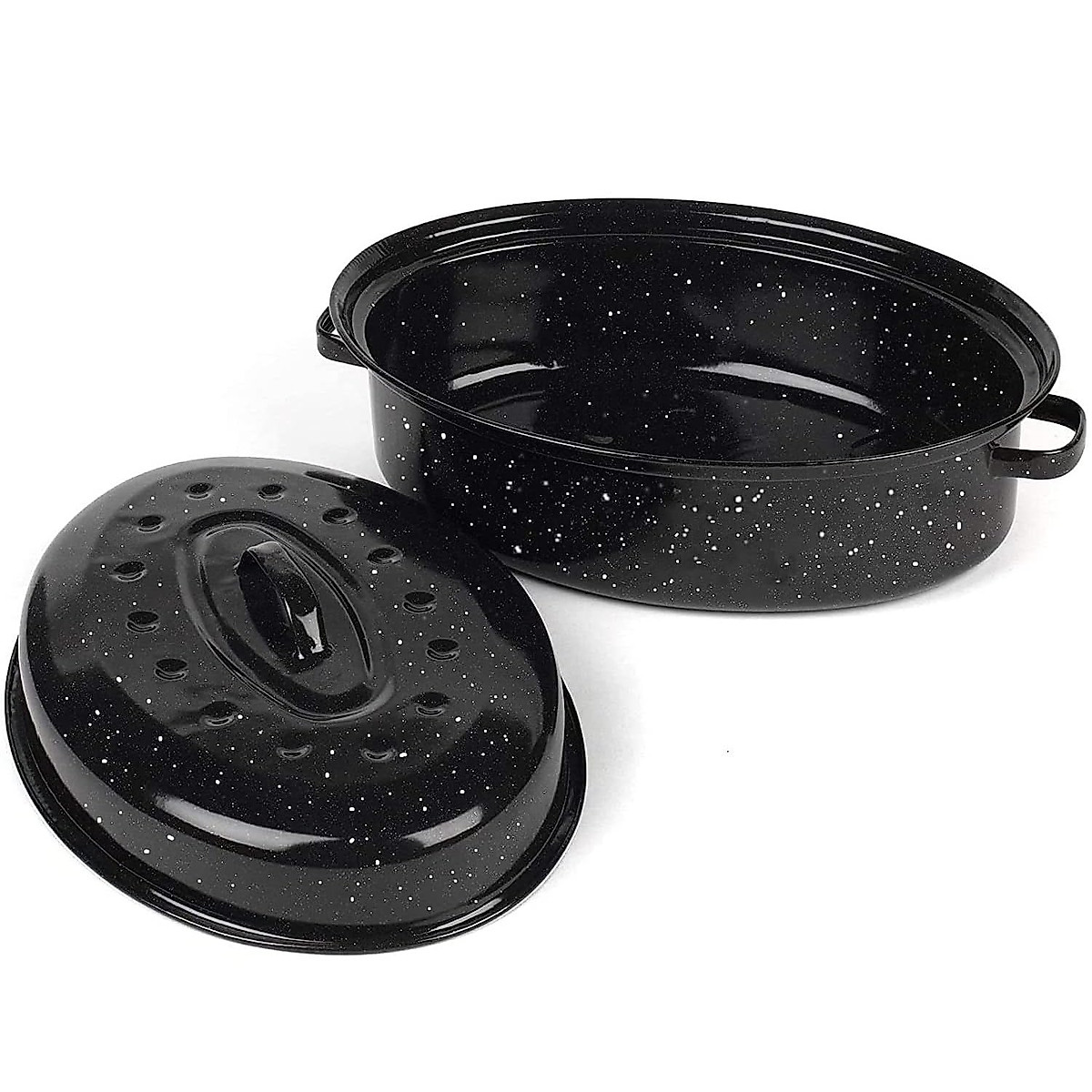 17.5 Inch Roaster Pan, Enamel Oval Turkey Roasting Pan with Domed Lid - Mother's Gift, Covered, Non-sticky, Free of Chemicals - Rôtissoire Chicken Meat Roasts Casseroles & Vegetables (17.5 Inch)