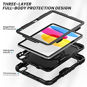 Wgdttve iPad 10th Generation (10.9 inch 2022) Case, Built-in Screen Protector,Shockproof with Pencil Holder 360° Rotating Hand Strap&Stand Shoulder Strap,Case for iPad 10.9 inch Tablet Cover (Black)