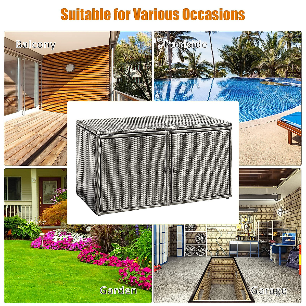DORTALA Storage Box Patio Wicker Storage Bin Deck Box Cabinet w/Steel Frame, Deck Storage Container w/88 Gallon Capacity and Shelf for Furniture Tools in Garden Balcony Porch Yard, Gray