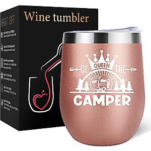 Coolertaste Queen Of The Camper Wine Tumbler, Happy Camper Gifts 12oz Cup, Gifts For Campers Outdoors, RV Hiking Camping Coffee Mugs, Camper Lover Couples Glass for Women