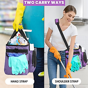 Timoxi Wearable Cleaning Caddy Bag, Cleaning Organizer with Handles, Cleaning Supply Tote with Adjustable Shoulder Strap for Cleaners & Housekeeper (Purple, 13.4'' x 7.3'' x 9.3'')