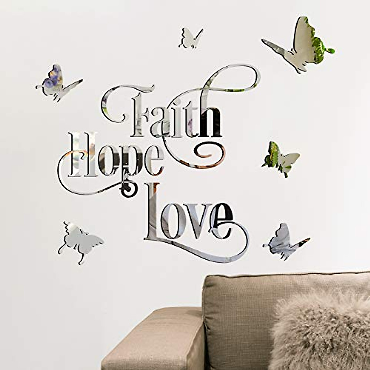 Faith Hope Love 3D Acrylic Mirror Wall Stickers, HOLENGS 3D Butterfly Mirror Surface Peel and Stick Removable Motivational Letter Wall Decals, Crystal DIY Wall Decor for Home Living Room Bedroom