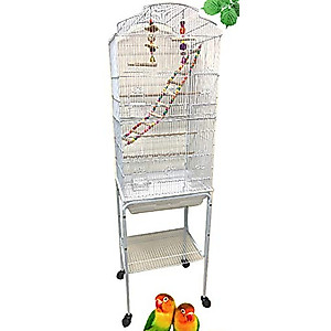 63-Inch Large Flight Bird Cage with Toys and 10-Step Play Ladder for Cockatiel Parakeet Finch Budgie Lovebird Canary Finch Pet Bird Cage with Rolling Stand (White with Toy)