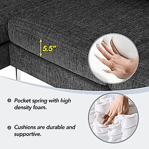 KoiHome 86" Convertible Sectional 2 Pillows, Modern Chenille L-Shaped Couch with Reversible Chaise Lounge, 3-Seater Sofa, Fit for Living Room,Office,Apartment, Polyester, Dark Grey