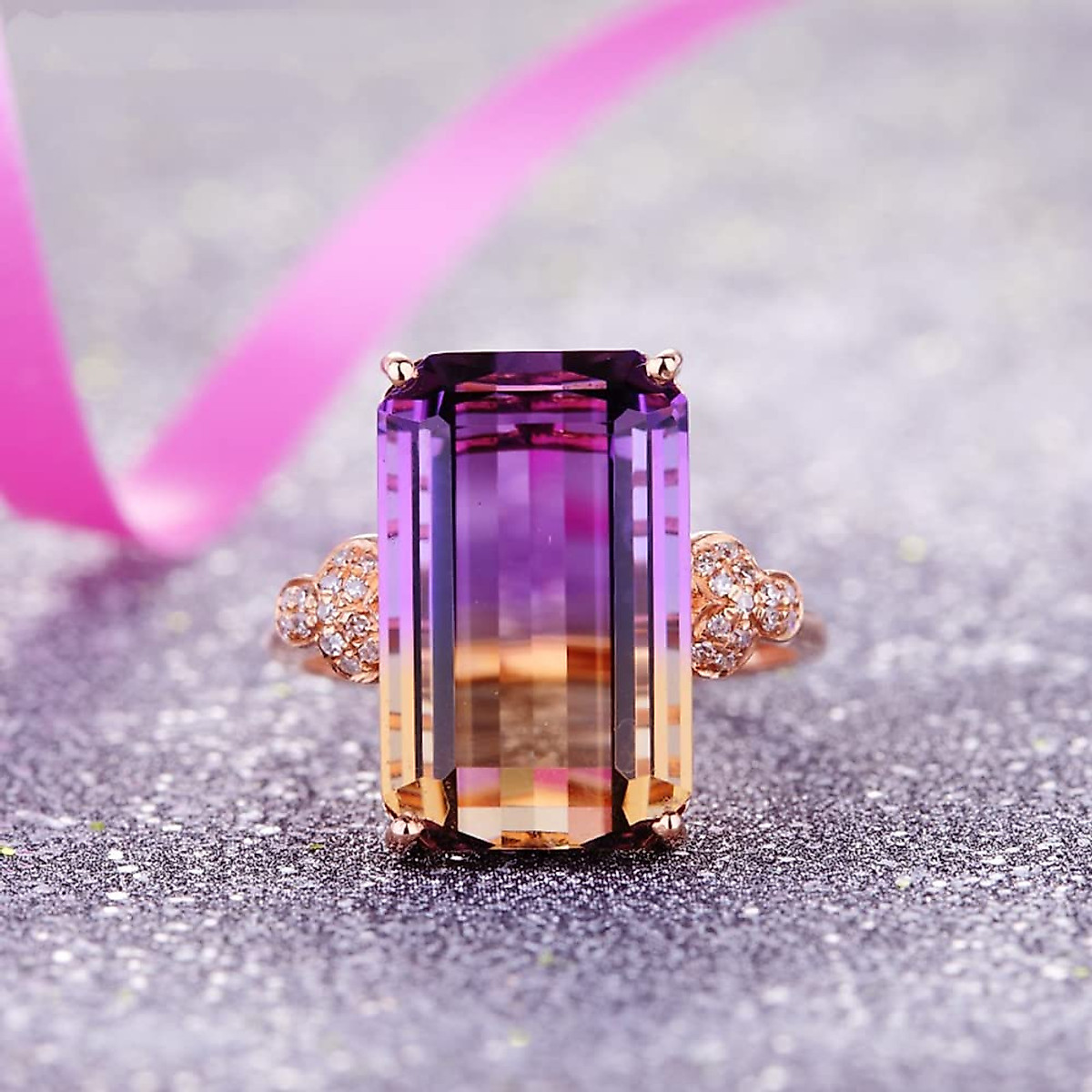 WDIYIEETN Luxury Huge Natural Solitaire Colorful Tourmaline Ring 18k Rose Gold Purple Yellow CZ Crystal Gemstone Cocktail Party Wedding Ring (10)