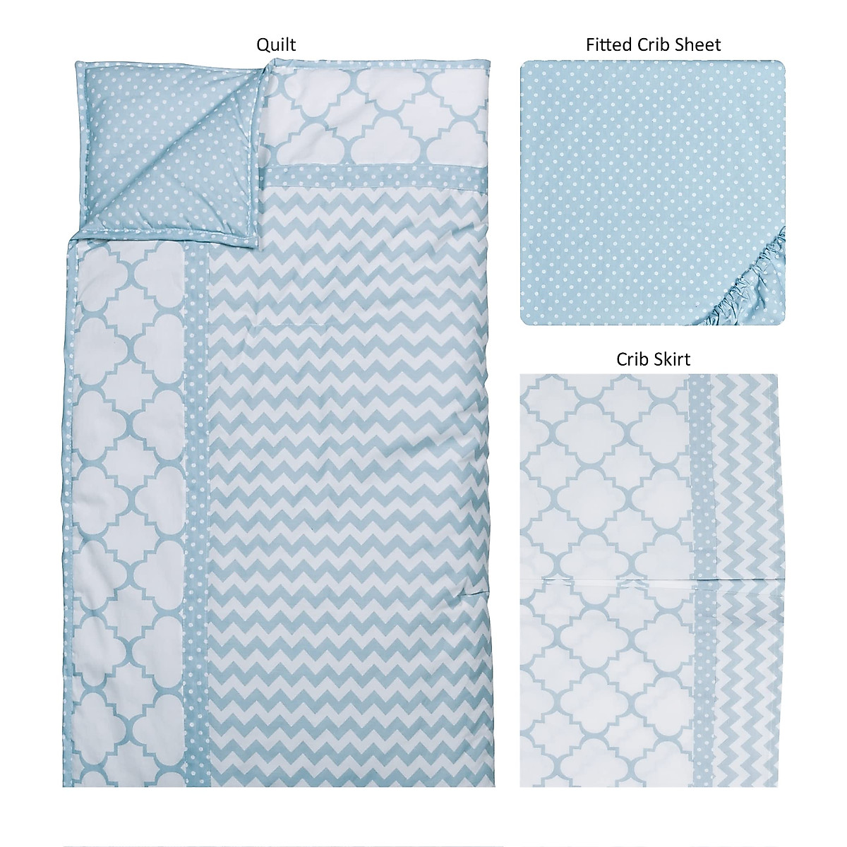 Trend Lab Blue Sky 3 Piece Crib Bedding Set, Can Be Used As A Blanket Or A Playmat for Tummy Time, Includes Quilt, Fitted Crib Sheet and Skirt