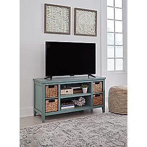 Signature Design by Ashley Mirimyn Casual TV Stand for TVs up to 54" with 4 Baskets and 3 Adjustable Shelves, Green & Light Brown