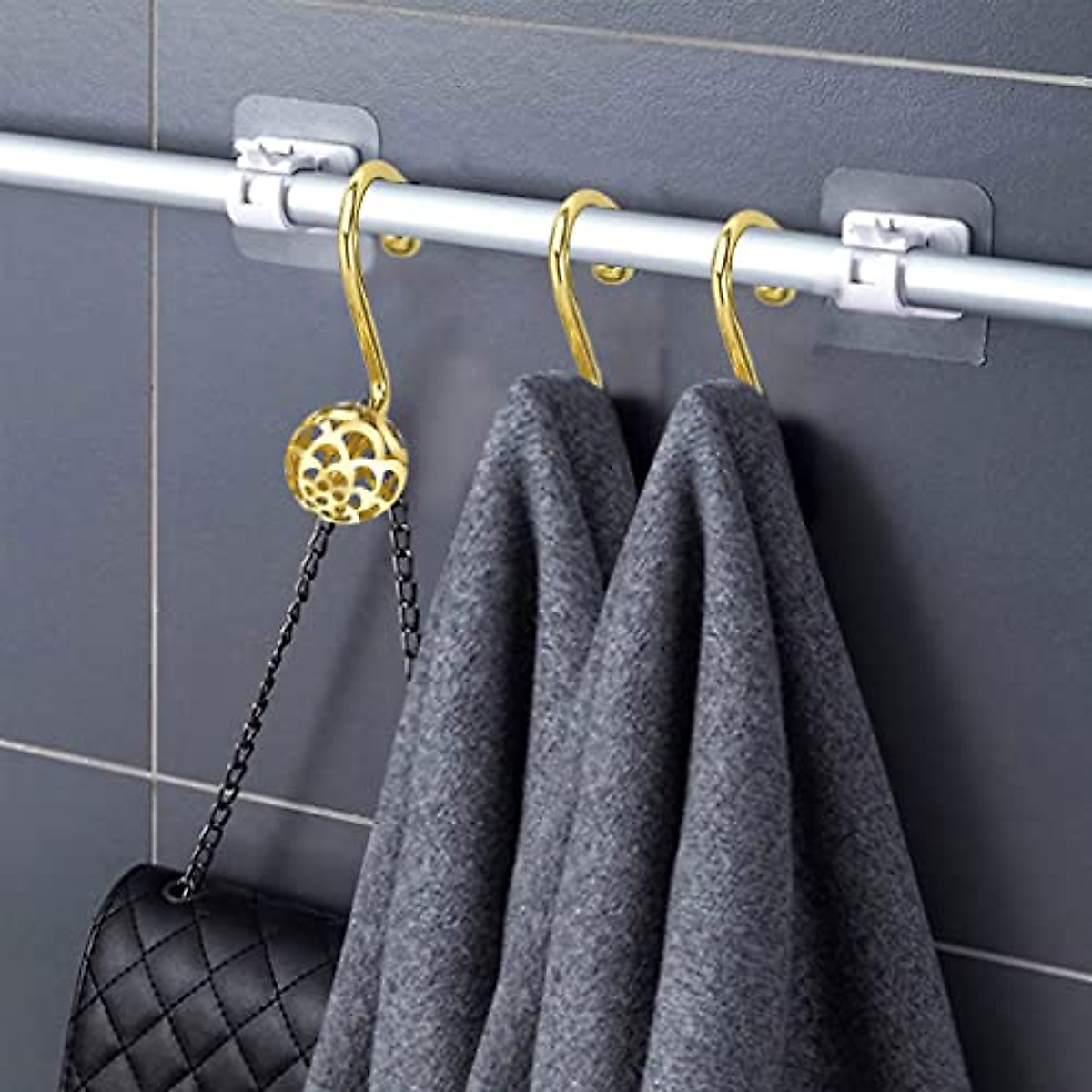 YJNSFT 12 Pcs Hollow Ball Shower Curtain Hooks, Rust Proof Chrome Rod Hooks Sets, Luxury Decorative Stainless Steel Shower Curtain Rings for Bathroom (Gold)