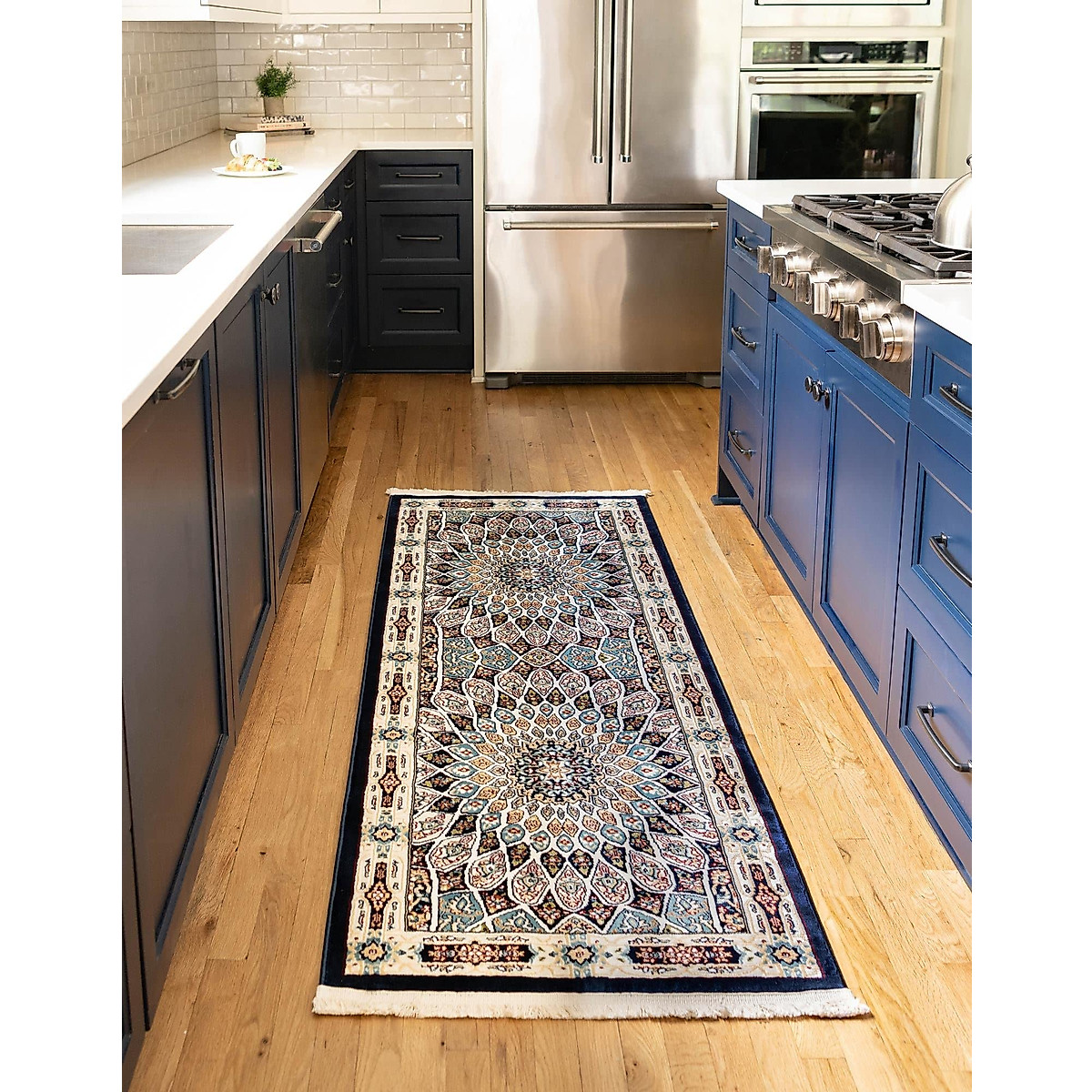 Rugs.com Rabia Collection Rug – 2' 7 x 12' Runner Navy Blue Low Rug Perfect for Hallways, Entryways