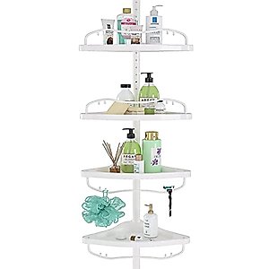 Corner Shower Caddy Tension Pole, Bathroom Organizer Stand Pole with 4 Plastic Baskets, for Bathtub Shampoo Accessories Storage Rake Freestanding, 54 to 114 inch Height, White