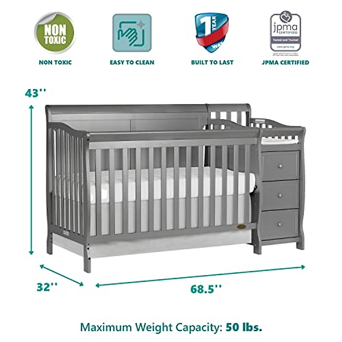 Dream On Me 5-in-1 Brody Full Panel Convertible Crib with Changer