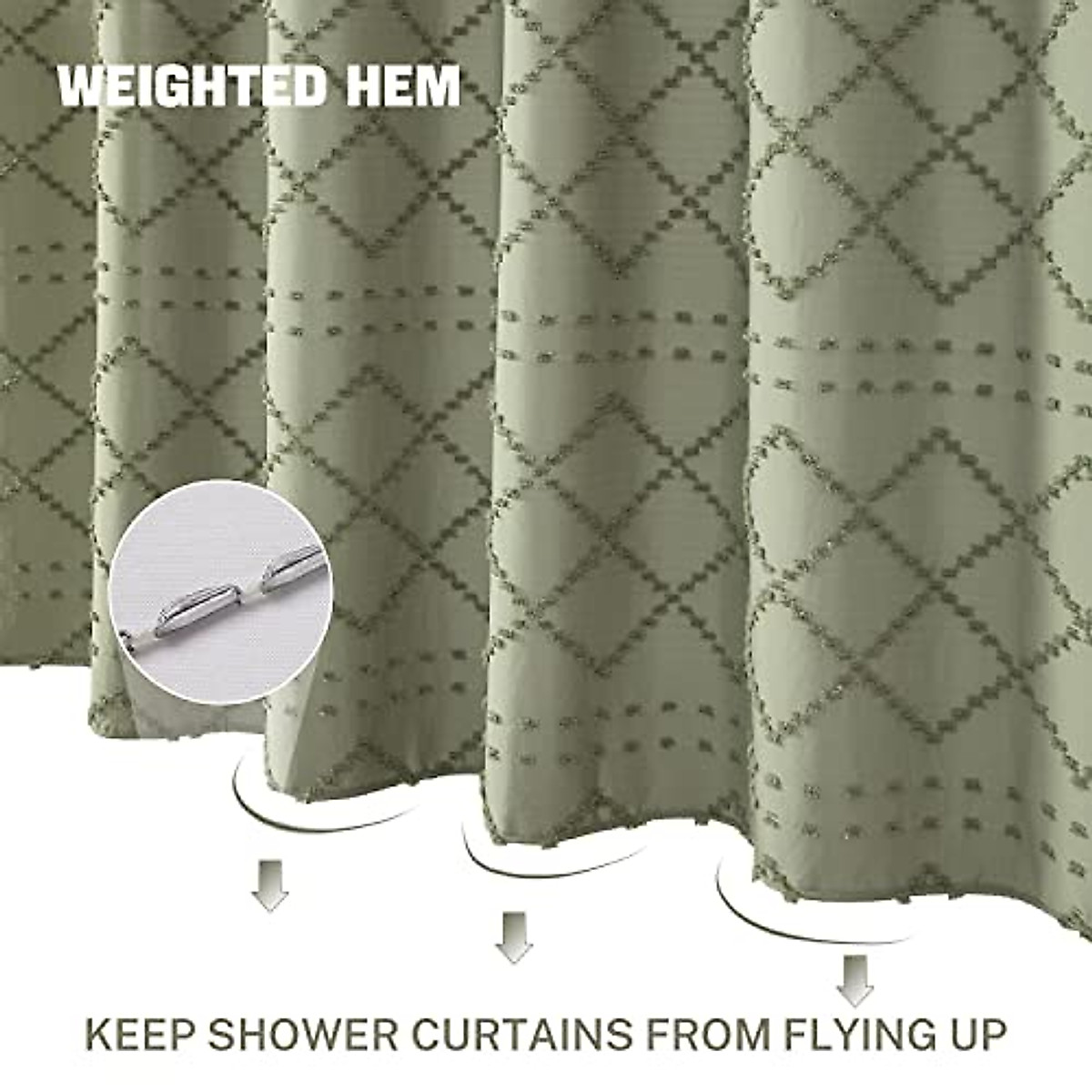 Siiluminisoy Sage Green Boho Shower Curtain Woven Fabric Cute Shower Curtain, 72 x 72 Tufted Chevron Textured Striped Modern Farmhouse Minimalist Cloth Shower Curtain Set with Hooks for Bathroom