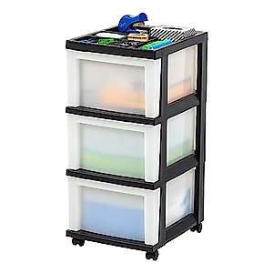 IRIS USA Craft Plastic Organizers and Storage, Rolling Storage Cart for Classroom Supplies, Storage Organizer for Art Supplies, Drawer Top Organizer for Small Parts, 3 Drawers, Black/Pearl