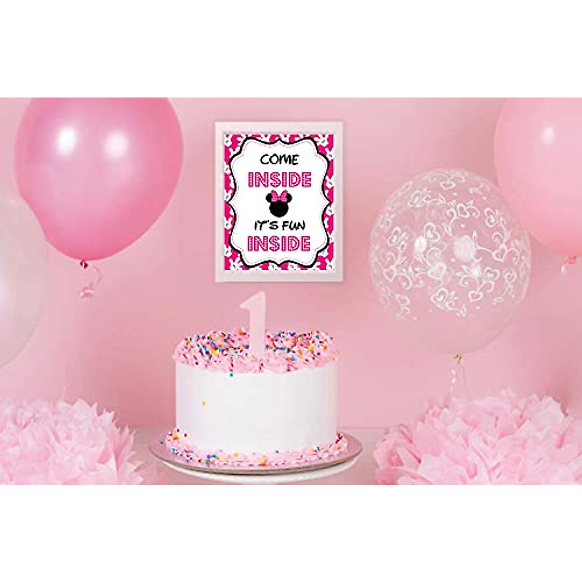 Minnie Mouse Birthday Decoration Signs | 4 Different Party Signs | 8 x 10 inch Minnie Mouse Party Supplies Birthday Sign Printed in Card stock | Minnie Mouse Clubhouse Inspired Door Signs | Food Labels Disney Decorations Hot Dog Bar Decor