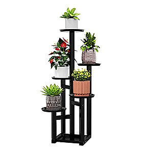 POTEY 5 Tiered Metal Plant Stand Indoor, Tall Plant Shelf Corner Plant Stands for Indoor Plants Multiple, Black Plant Shelf Rack for Outdoor Home Patio Lawn Garden