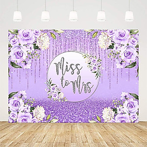 AIBIIN 7x5ft Miss to Mrs Backdrop for Bridal Shower Party Decorations Purple Glitter Floral Wedding Bride to Be Engagement Silver Shiny Bokeh Banner Photography Background Cake Table Photo Shoot Props