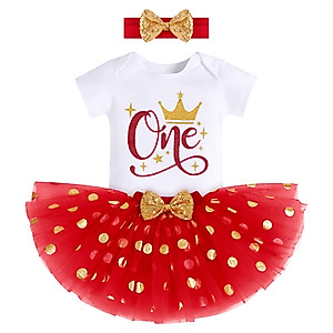 Coming Home outfit for Baby Girl - Mini Mouse Birthday Decorations for Girls 1 Year Old - Wild One Clothes Set for Kids Princess Crown Romper Dress Bowknot Headband 3pcs Outfits Red - one 1T