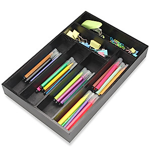 Ayiaren Kitchen Wood Utensil Tray Drawer Organizer, Wooden Cutlery Tray Silverware Drawer Divider 14.6"x9.5" Flatware Organizer Black Bamboo Silverware Tray Cutlery Utensil Holder for Drawer Tray