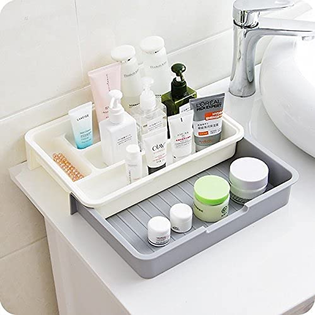 HornTide 3-in-1 Cutlery Tray Expandable Utensils Holder Plastic Kitchen Drawer Organizer for Silverware Storage and More - Gray