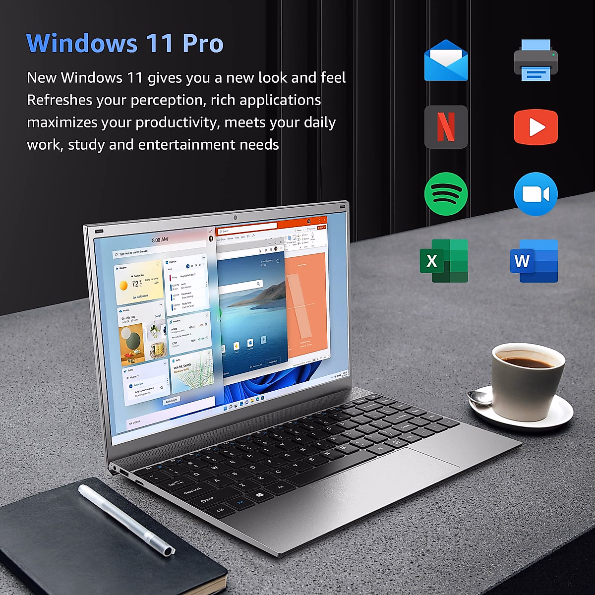 Tulasi Laptop, Laptop Computer, 12GB RAM 256GB SSD Quad-Core, 14 inch 1080P IPS Display Ultra Slim Laptop, 2.4G/5G WiFi, Webcam, Long Battery Life