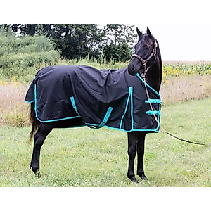 Tech Equestrian 1200 Denier Horse RAIN Sheet (Waterproof/Breathable & Wind Proof Turnout Sheet) Horse Breathable RAINSHEET (Black-Turquoise, 72)
