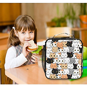 Cute Cats Kitten Pattern Lunch Bag Box Insulated Cooler Lunch Tote Bag Meal Organizer with Shoulder Strap for Women Girls Boys School