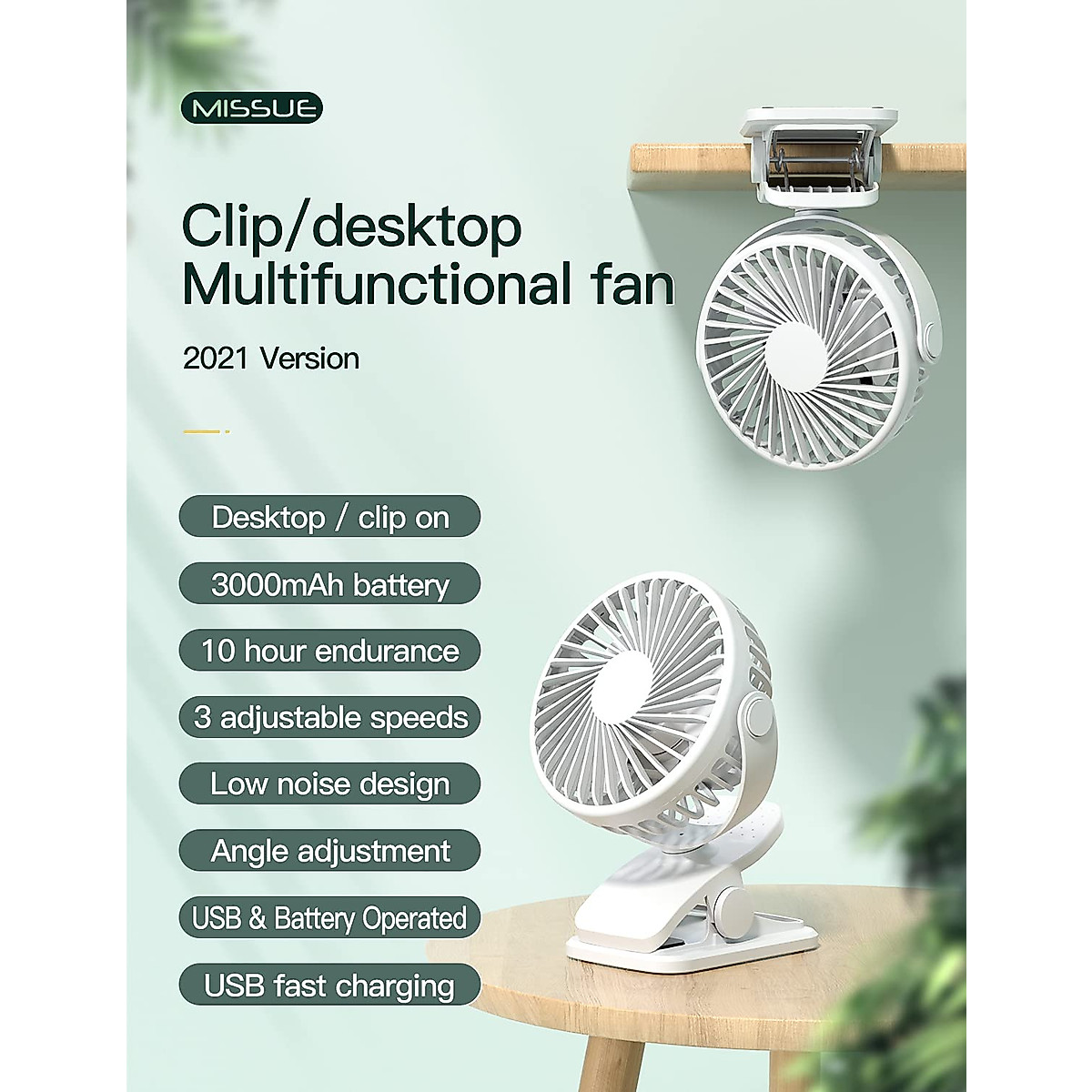 MISSUE Clip On Desk Fan, Baby Safe Stroller Fan, USB & Battery Operated Fan with 3 Speed for Men, Women, 3000 mAh Rechargeable Battery Include