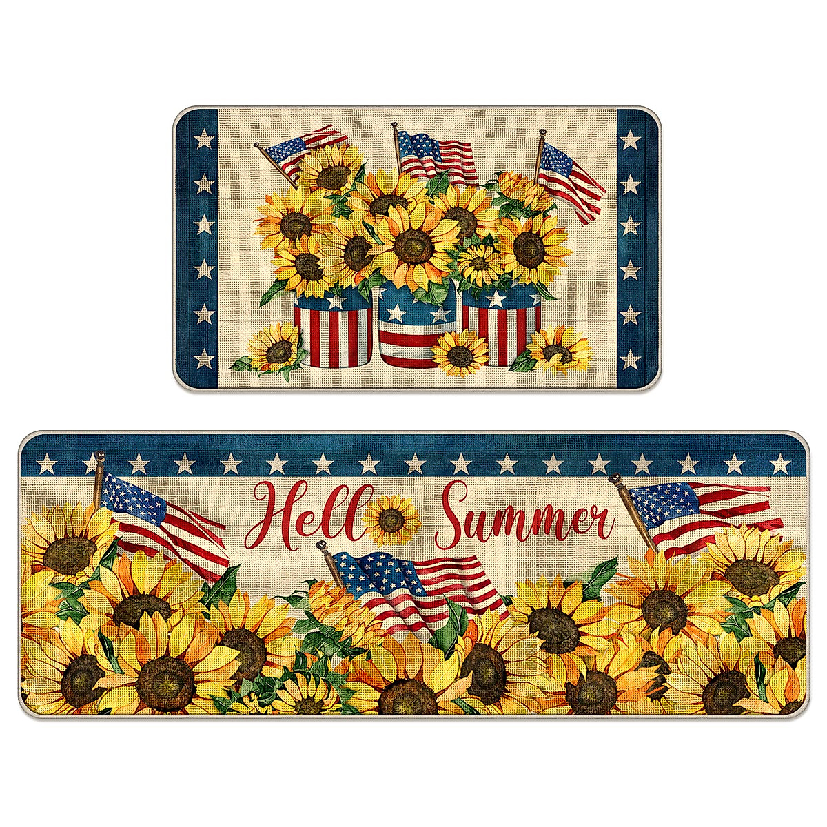 Tailus 4th of July Patriotic Fall Decorative Kitchen Rugs Set of 2, Sunflowers American Flag Mason Jar Autumn Kitchen Mat, USA Memorial Day Mat Hello Summer Home Decorations 17x29 and 17x47 Inch