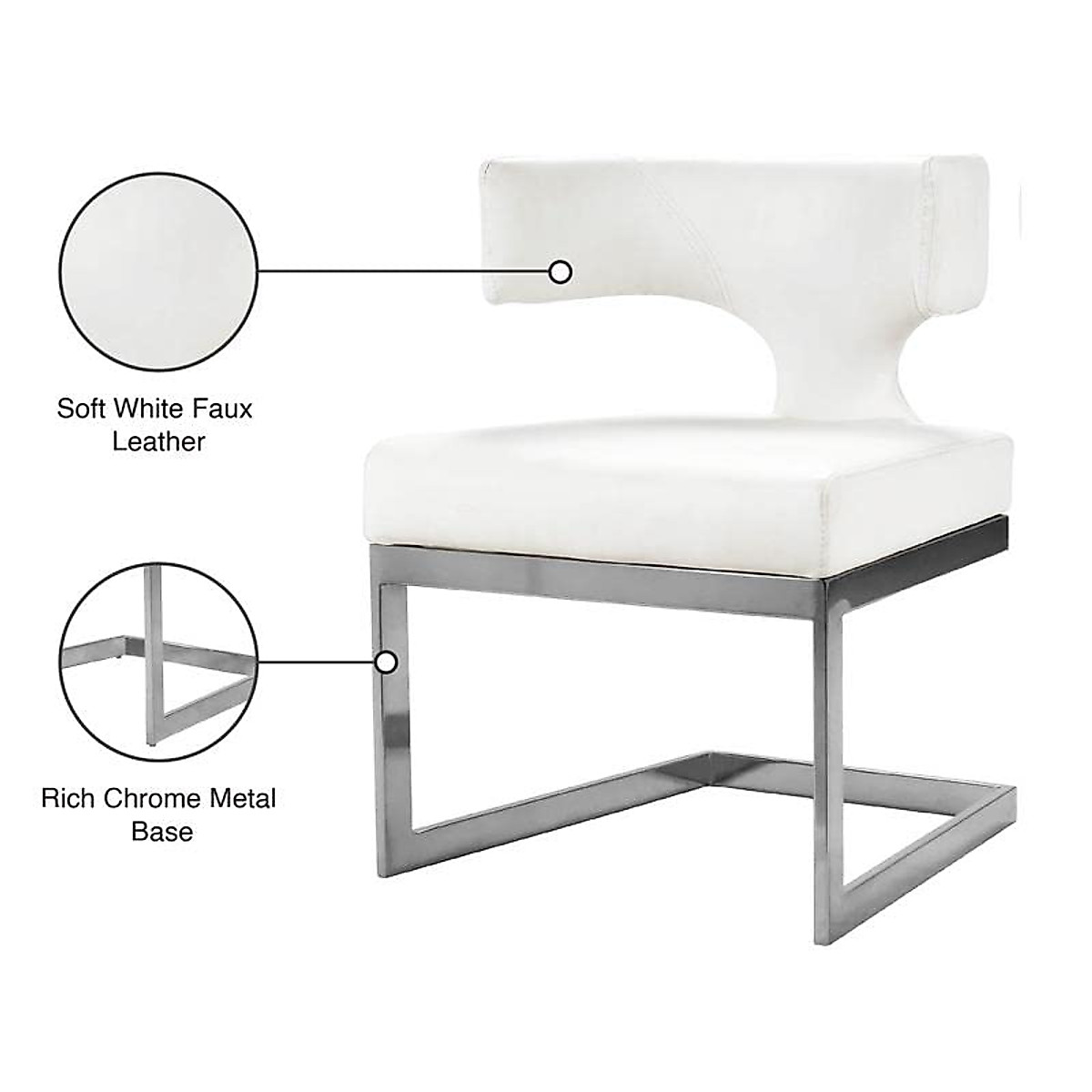 Meridian Furniture Alexandra Collection Modern | Contemporary Upholstered Dining Chair with Durable Metal Base, 22" W x 22" D x 29" H, White Faux Leather, Chrome