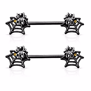 Pierced Owl 14G Stainless Steel CZ Crystal Black Spider Web Nipple Barbells, Sold as a Pair