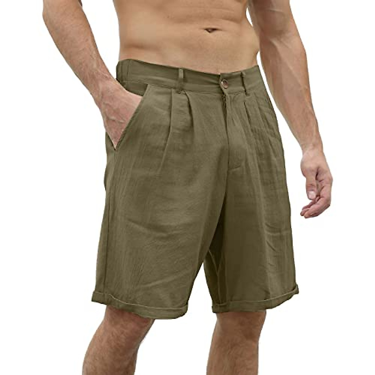 Mens Shorts Elastic Waistband White Linen Pants Men 2023 Casual Buckle Zipper Summer Beach Shorts Classic-Fit Pleat Front Shorts with Pockets Men Shorts Pack Long Army Green S