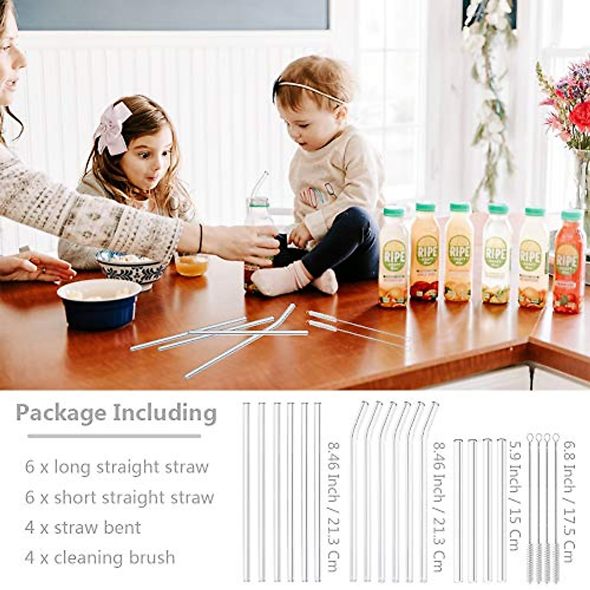 AOTWAN 20 Pack Glass Straws Drinking Reusable,Size 8.5''x10MM and 6''x10MM,Glass Straws Shatter Resistant Including 12 Straight and 4 Bent with 4 Brushes, Reusable Glass Straws for Cocktail,Juice
