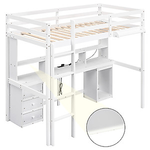 DEYOBED Full Size Loft Bed, Wooden Bed Frame with Desk, Shelves, Cabinet, 3 Drawers, Bedside Tray, LED Lights, and USB Charging Station for Kids, Teens, Adults - White