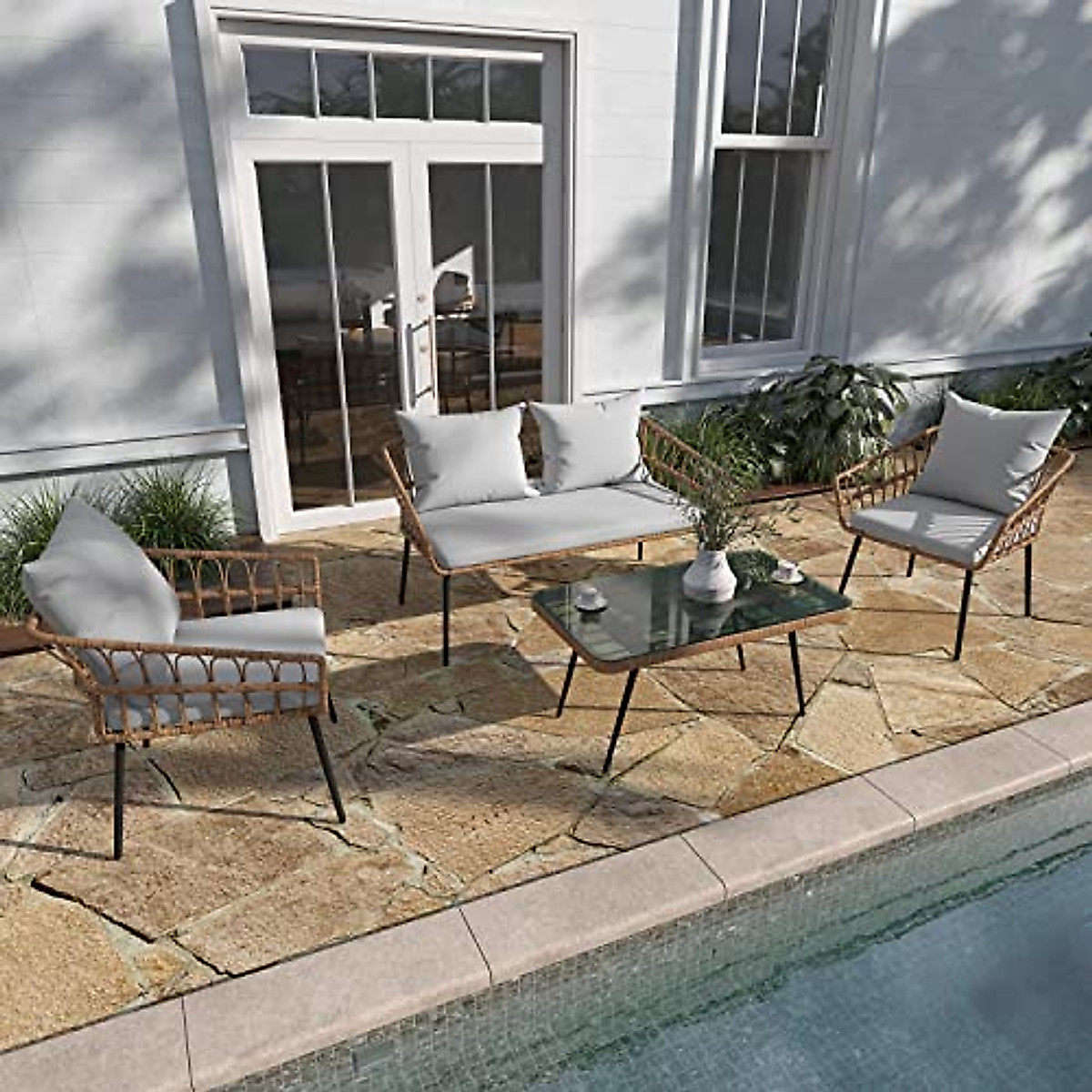 Taylor & Logan Iya 4 Piece Boho Rope Rattan Patio Conversation Set with Tempered Glass Top Coffee Table and Gray Cushions for Indoor/Outdoor Use, Natural