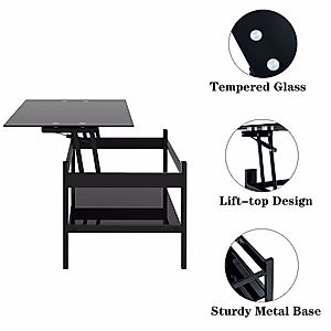 GSSDEE Glass Coffee Table and End Table Set of 3, 2-Tier Classic Design, Tempered Glass Top & Solid Metal Legs Table Set, Use for Livingroom Center Table, Sofa Nightstand (Black, Lift top Set of 3)