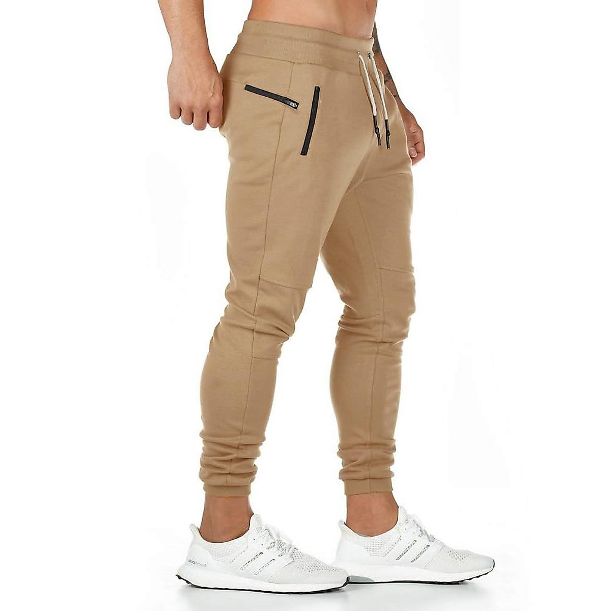 AOTORR Men's Slim Fit Joggers Casual Slim Sweatpants Workout Running Track Pants with Zipper Pockets Khaki L