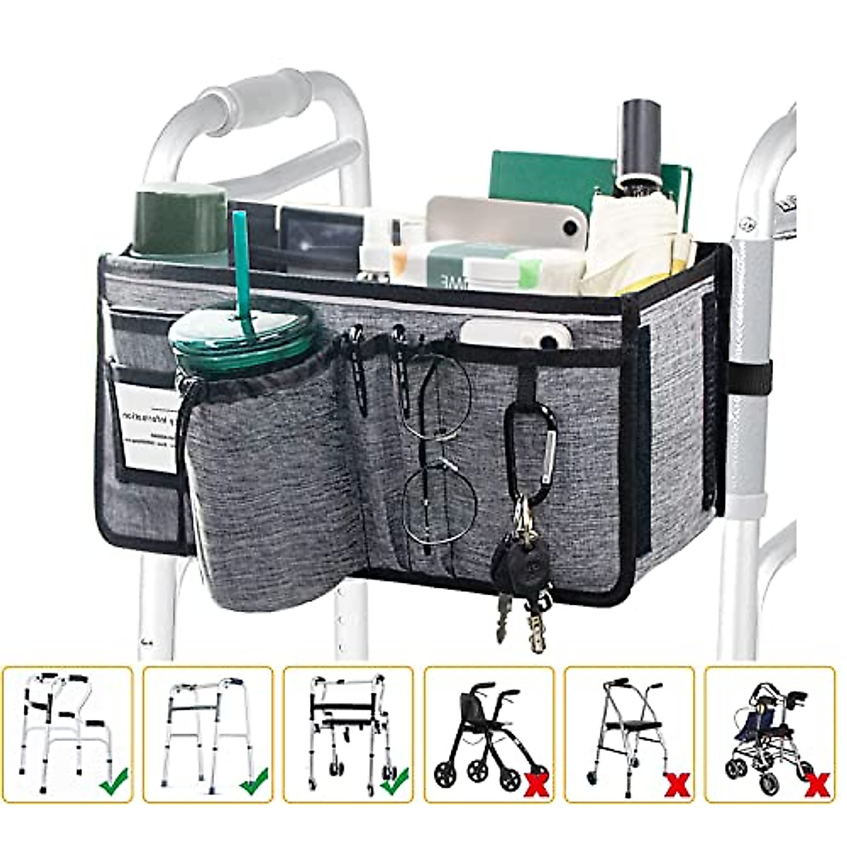 Basket for Walker, Ravmix Walker Accessories Bag with Cup Holder, Walker Basket for Folding Walker Hands-Free Storage Bag with Big Capacity & Never Tipping Over, Space Gray