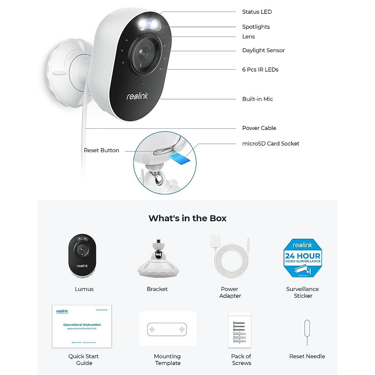 REOLINK Outdoor Security Camera with Spotlight, Lumus 1080P HD Plug-in WiFi Camera for Home Security System, PIR Motion Detection, Two-Way Talk and Siren Alarm, Waterproof, Micro SD Card Storage