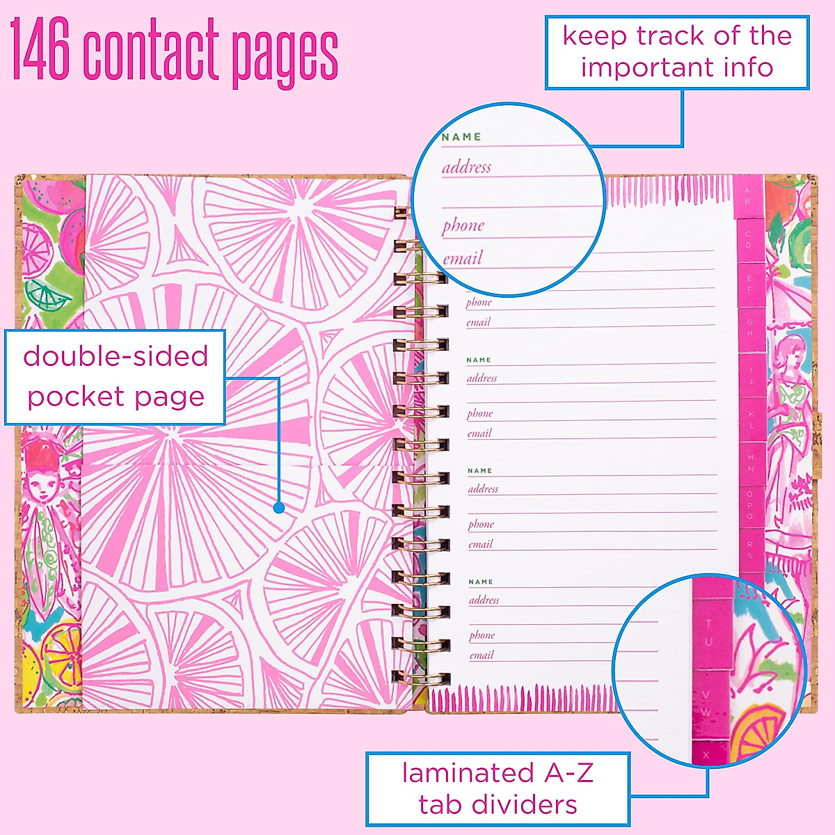 Lilly Pulitzer Address Book with Alphabetical Tabs, Cork Cover Phone Book, Spiral Address Book with 146 Contact Pages and A-Z Laminated Tabs, Walking on Sunshine