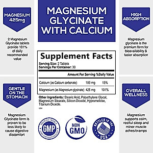 Magnesium Glycinate 425 mg with Calcium - Max Absorption Magnesium Tablets for Muscle, Nerve, Bone & Heart Health Support, Minor Muscle Cramp Support - Non-GMO, Vegan Supplement - 60 Tablets