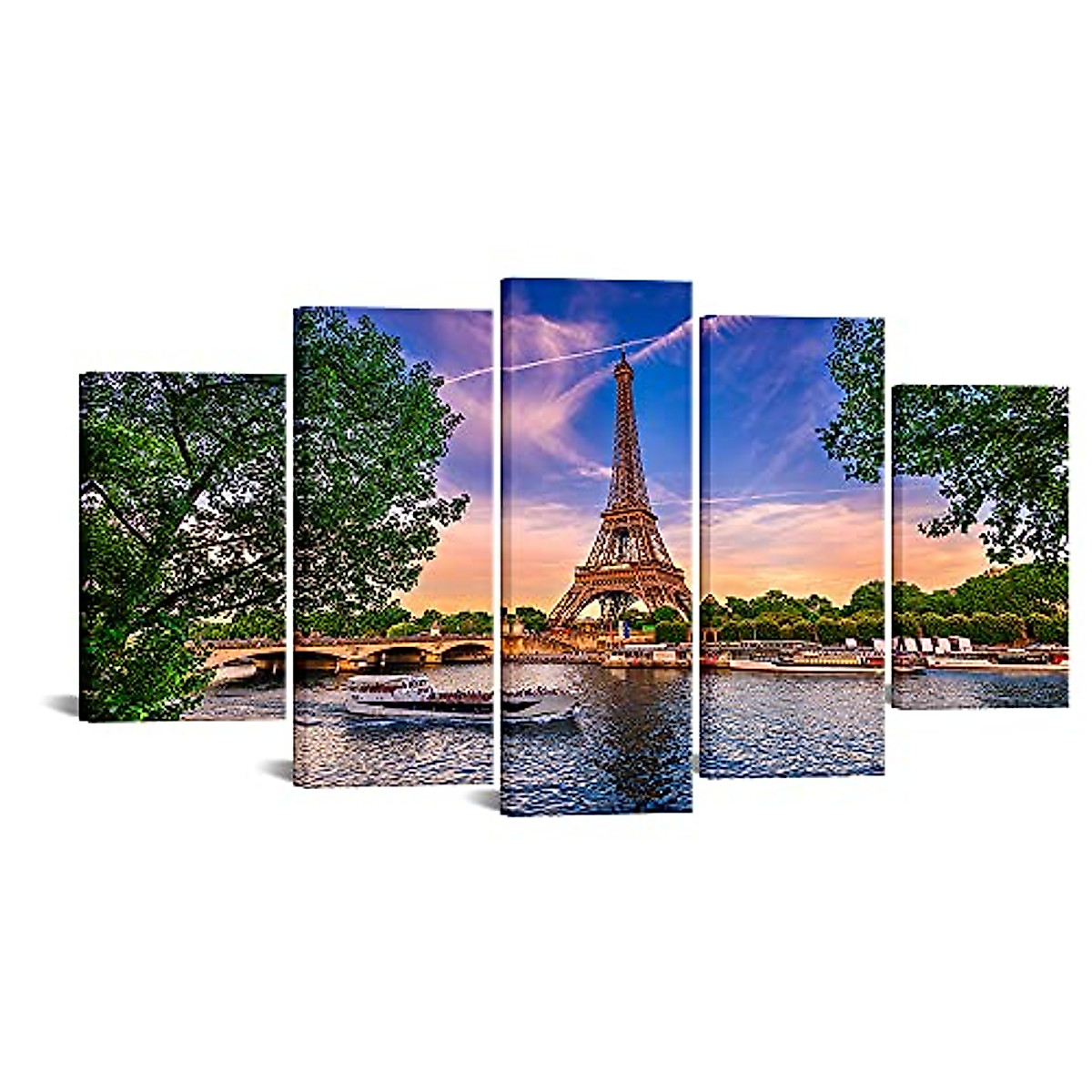 Canvbay 5 Piece Large Eiffel Tower Canvas Wall Art France Paris Cityscape in Sunset Picture Painting Architecture Scene Photo Poster Wall Decor Famous Landmark Scenic Artwork Prints Framed for Living Room Bedroom Decor