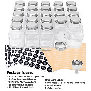 Unique Design Spice Jars with 372 Labels, 29-Pack 4.5 oz Personalized Cubic Clear Glass Spice Jars with Shakers, Lids, Empty Square Reusable Kitchen Spice Storage Containers