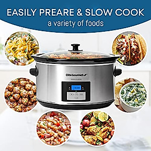 Elite Gourmet MST-900D# Digital Programmable Slow Cooker, Oval Adjustable Temp, Entrees, Sauces, Stews & Dips, Dishwasher Safe Glass Lid & Crock (8.5 Quart, Stainless Steel)